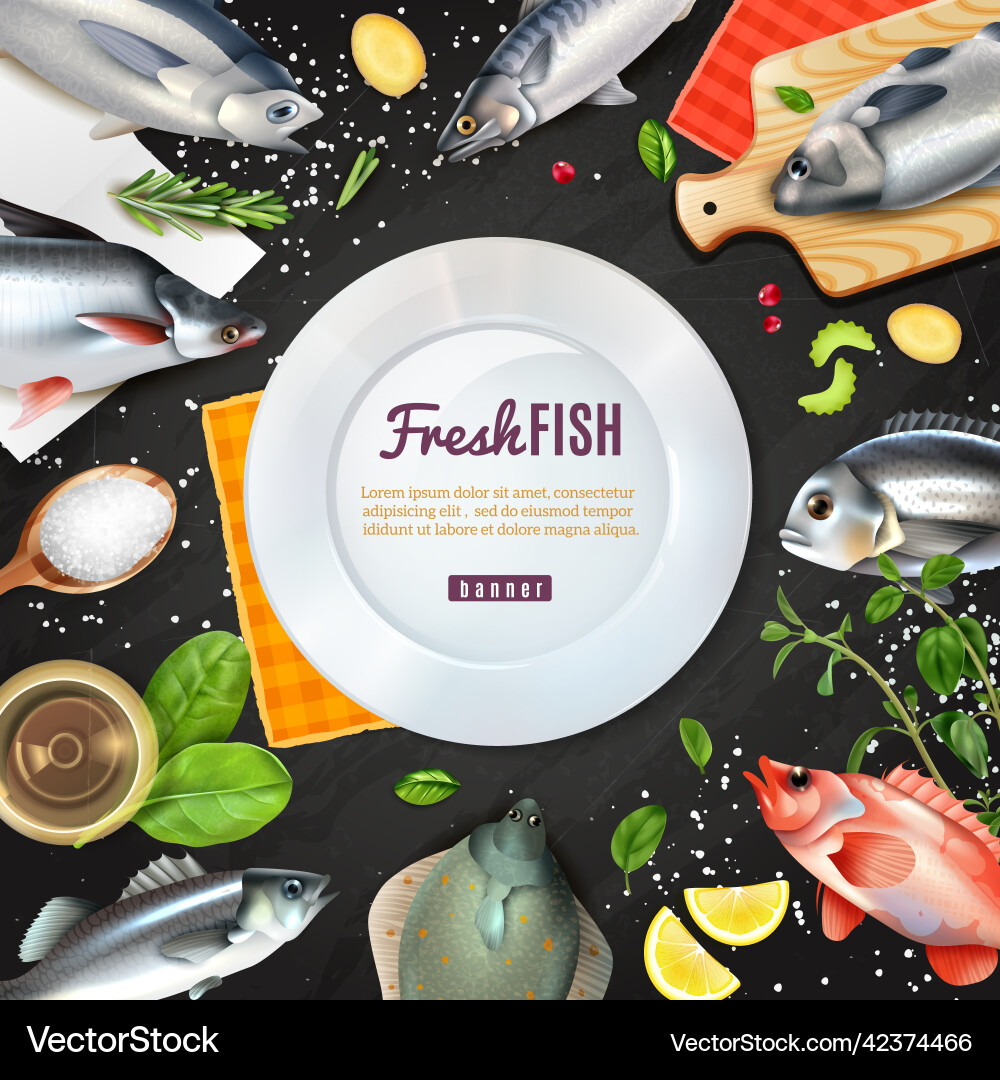 White round frame with varieties of fish Vector Image