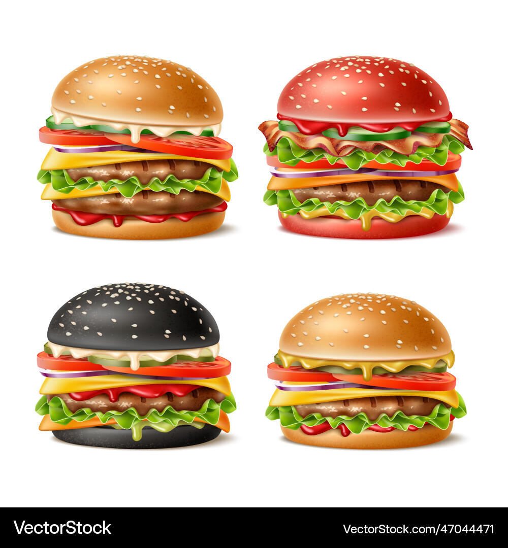 Realistic burgers different recipes layered fast Vector Image