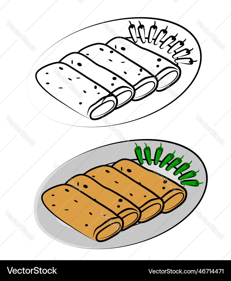 Simple sketch snack risol and chili at plate set Vector Image