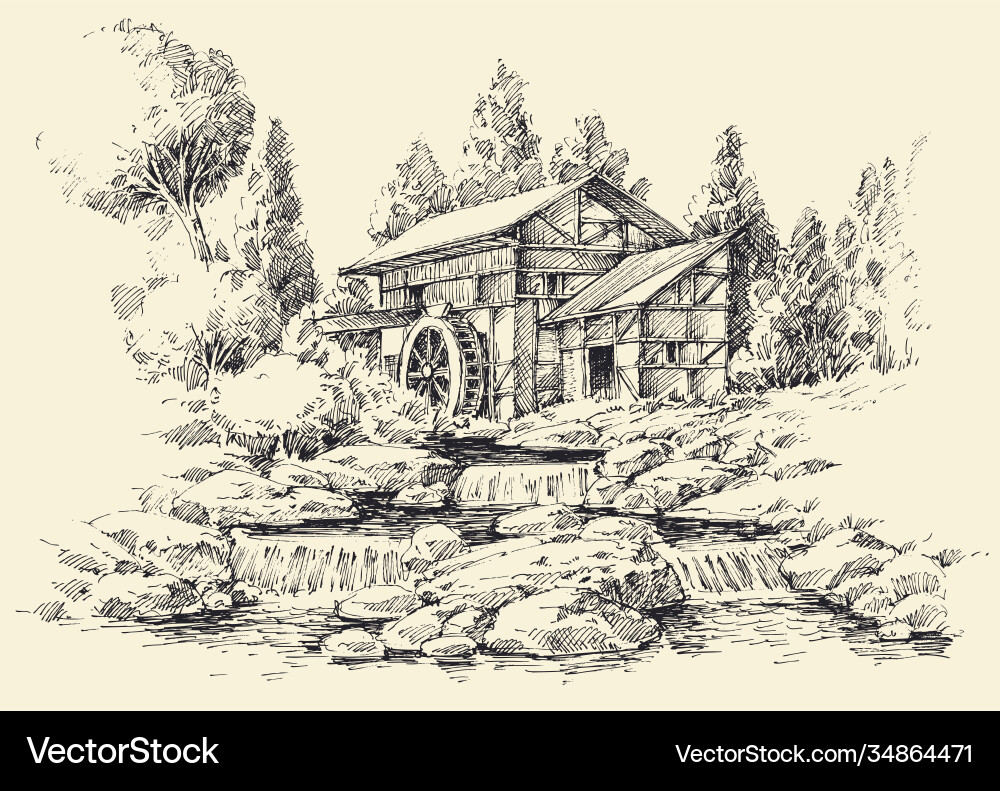 Watermill and river idyllic landscape hand drawing