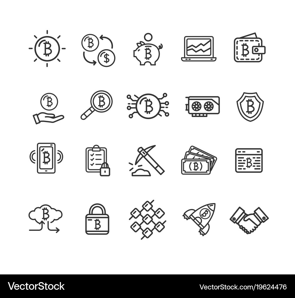 Bitcoin currency signs black thin line icon set Vector Image