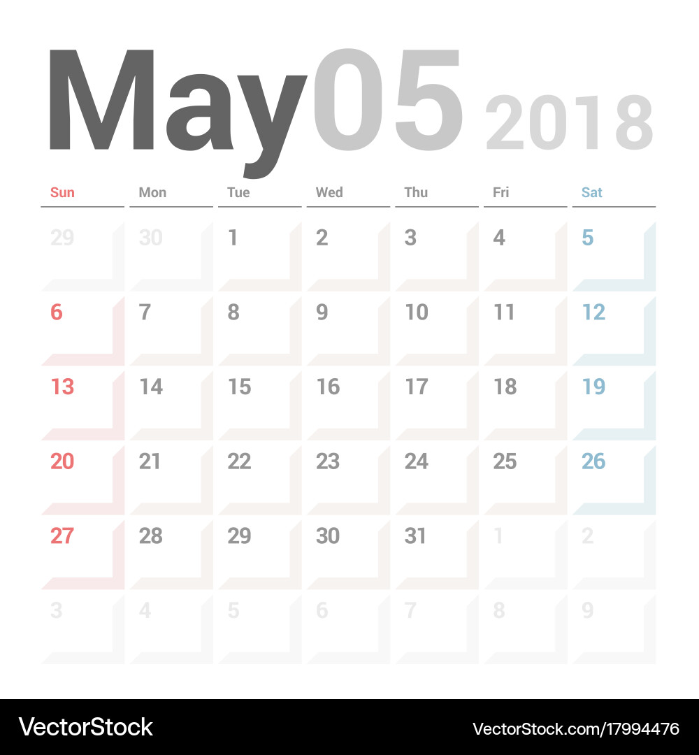 Calendar planner may 2018 week starts sunday Vector Image