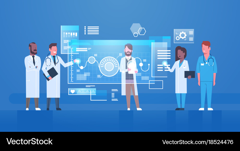 Medical doctors press buttons on digital screen Vector Image