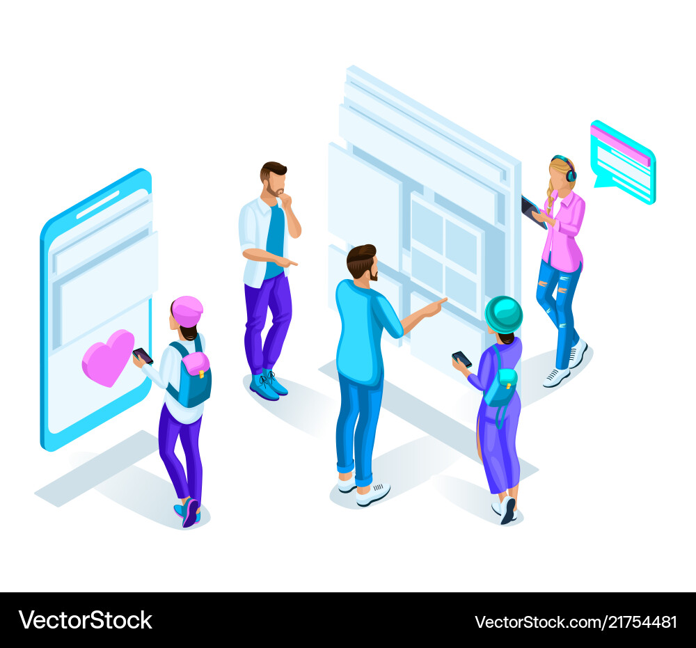 Isometric teenagers students watch the schedule Vector Image