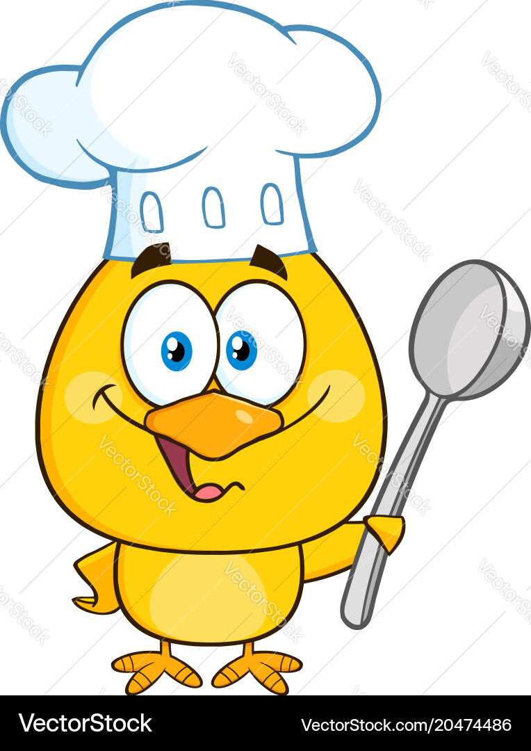 Happy chef yellow chick character holding a spoon Vector Image
