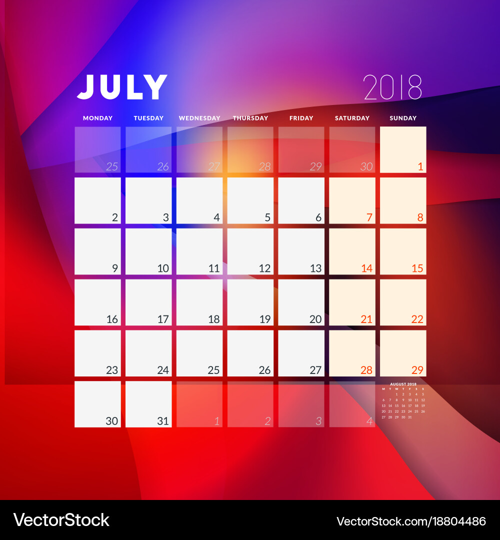 July 2018 calendar planner design template Vector Image