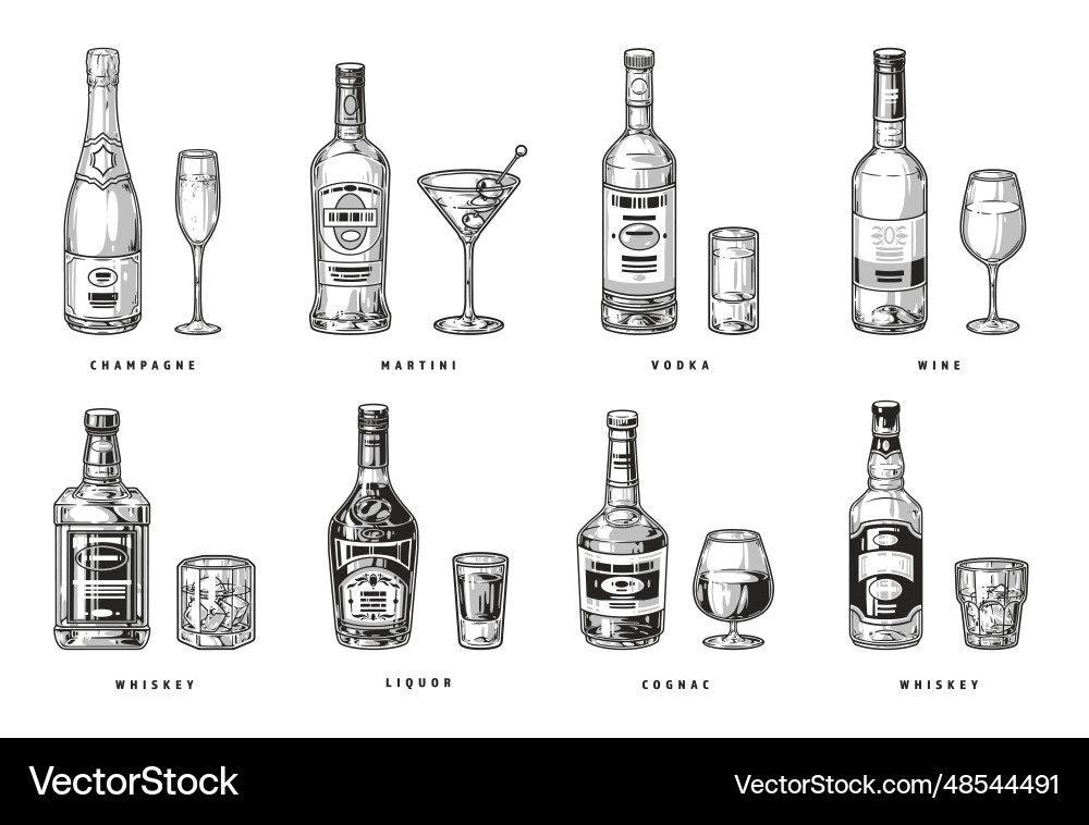 Assortment alcohol beverages monochrome sticker Vector Image