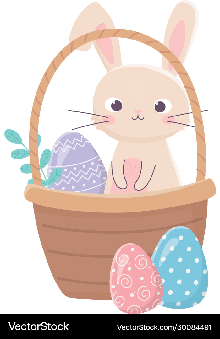 Happy easter day rabbit in basket with egg leaves Vector Image