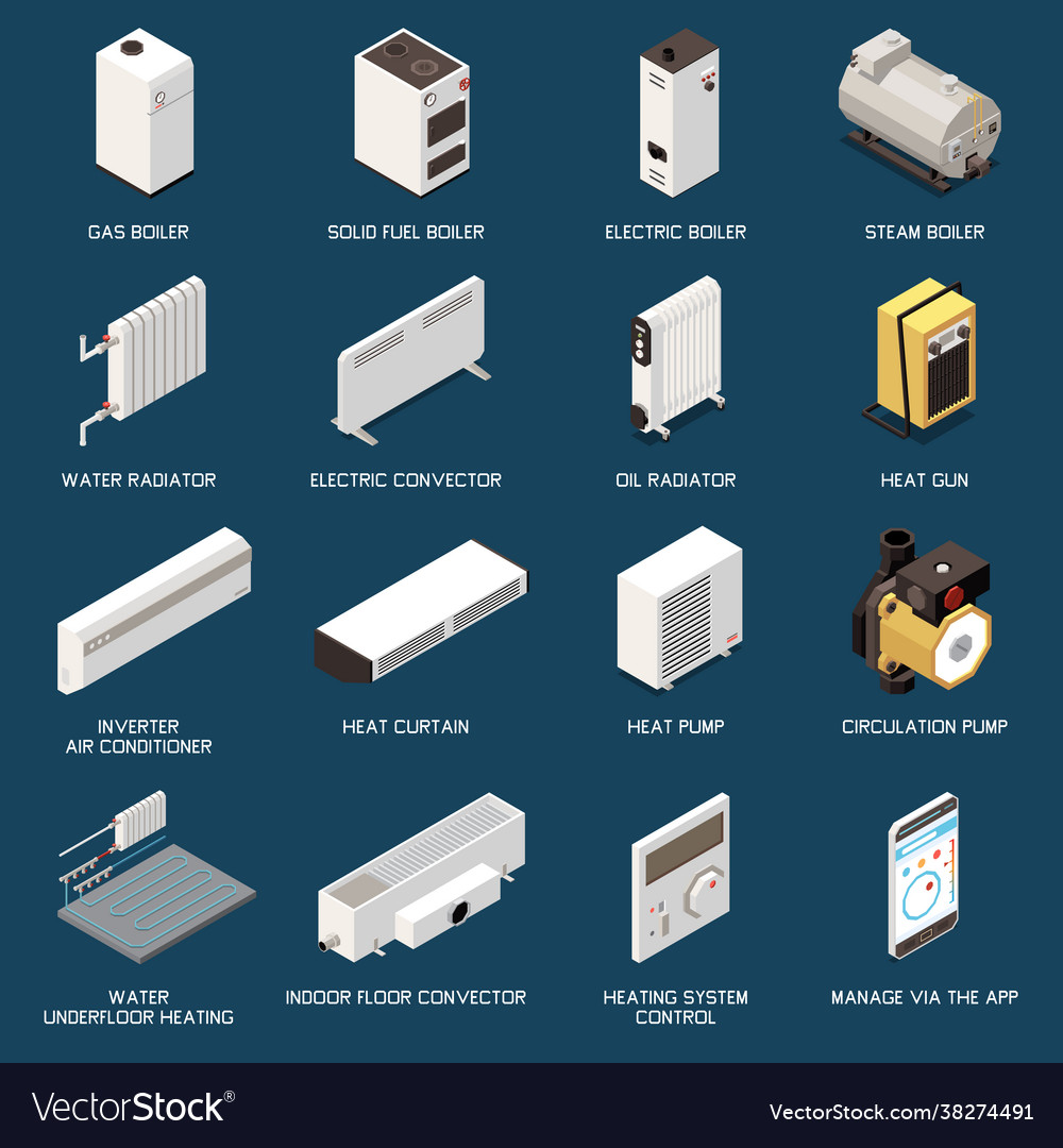 Heating system isometric set Royalty Free Vector Image