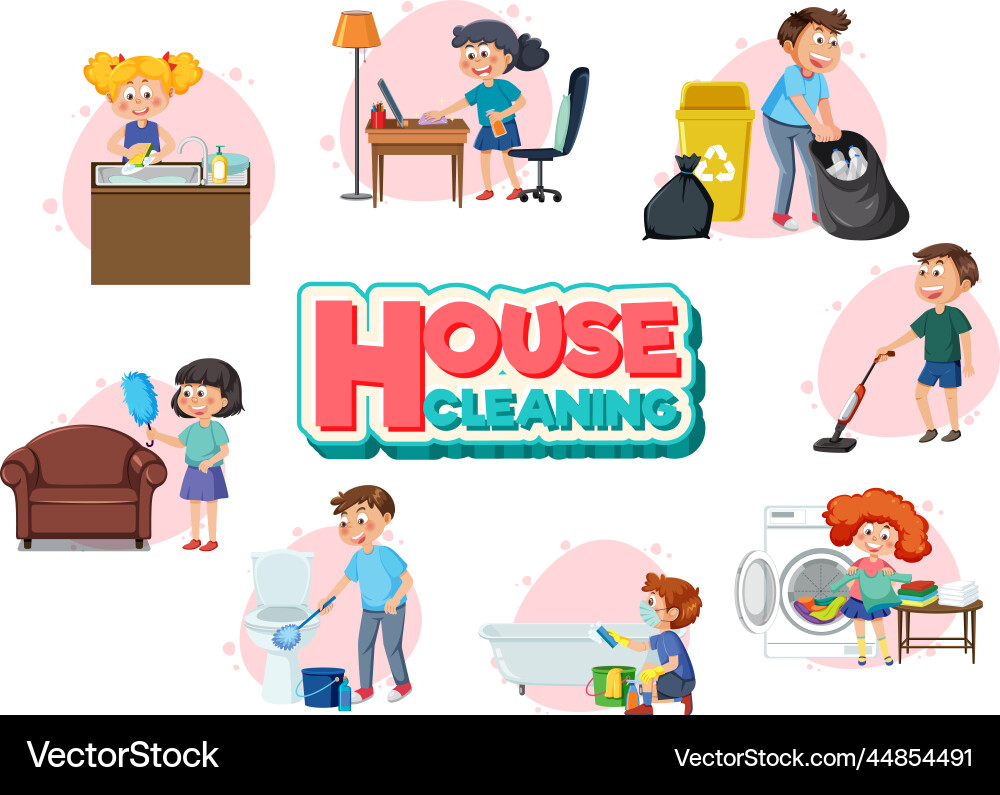 Kids cleaning at home set Royalty Free Vector Image