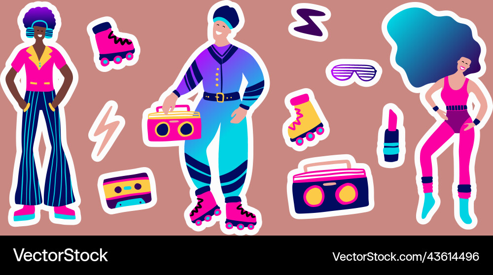 80s retro music party sticker set Royalty Free Vector Image