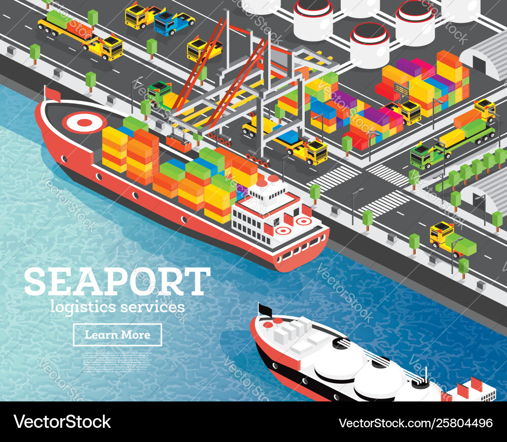 Isometric sea port with container ship gantry Vector Image