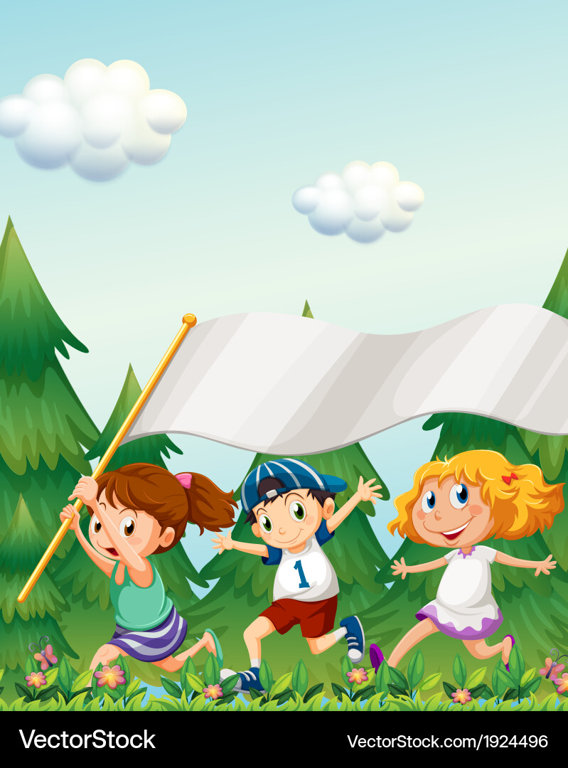 Kids running with an empty banner Royalty Free Vector Image