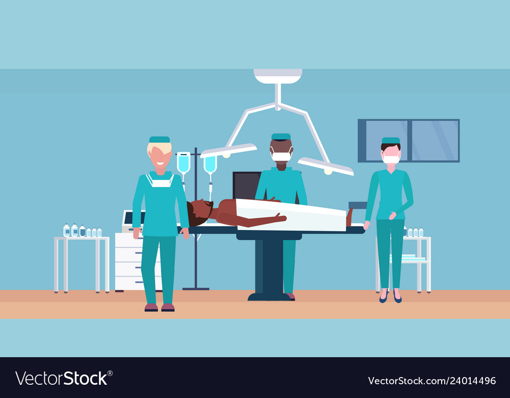 Mix race surgeons team surrounding patient lying Vector Image Mix race surgeons team surrounding patient lying Vector Image