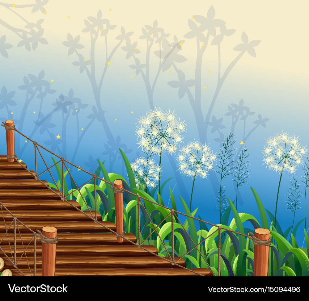 Nature scene with wooden bridge Royalty Free Vector Image