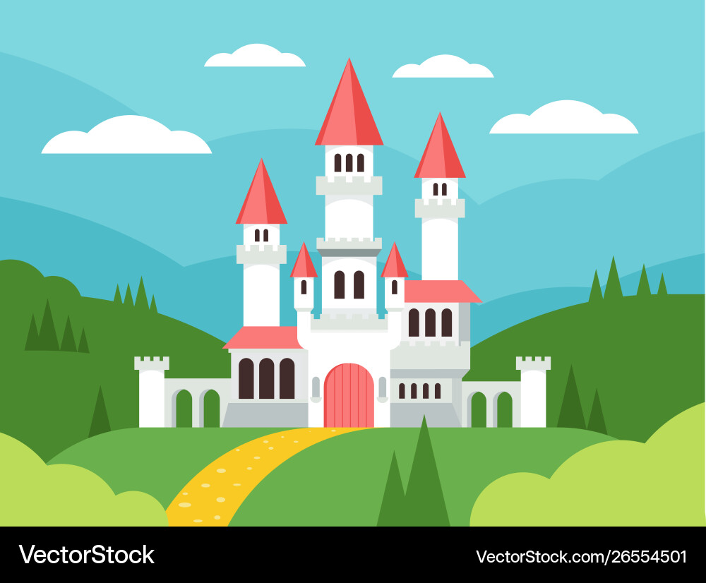 Fairytale cartoon flat landscape with castle cute Vector Image