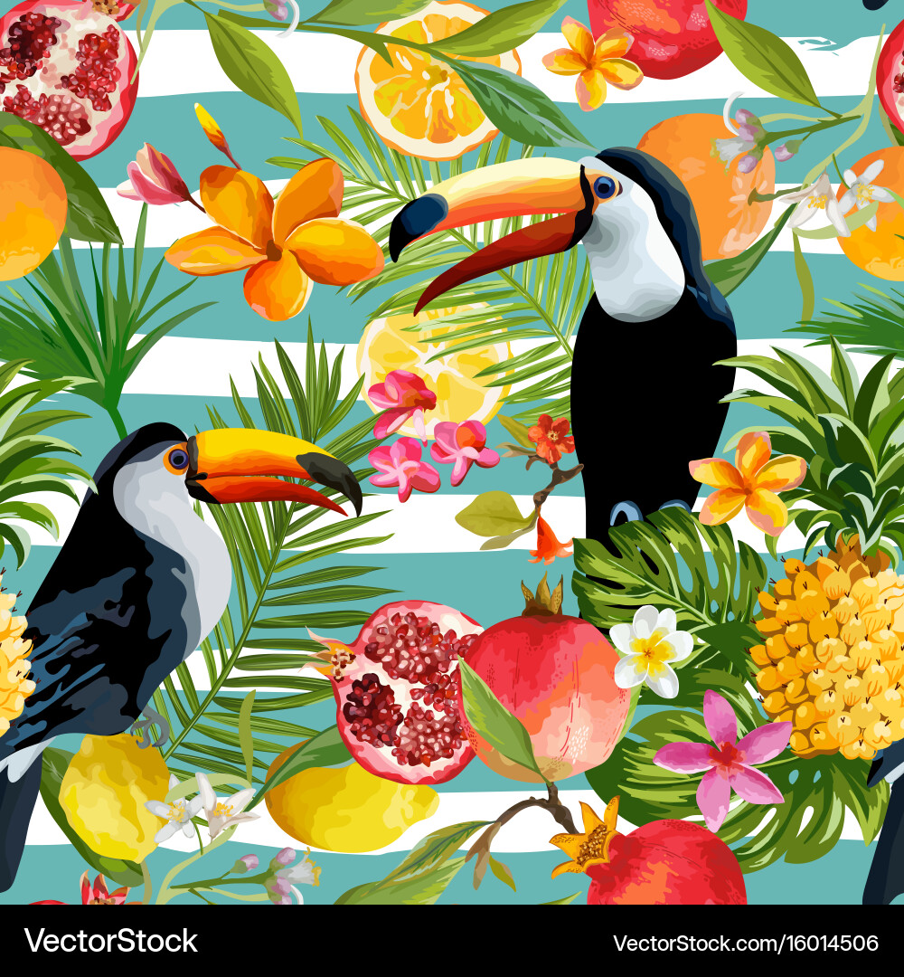 Seamless tropical fruits and toucan pattern Vector Image