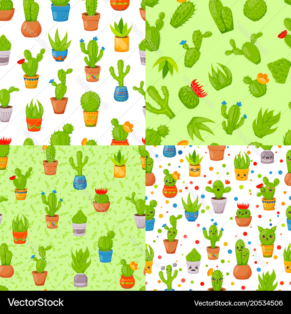 Set of four seamless patterns with cactuses Vector Image
