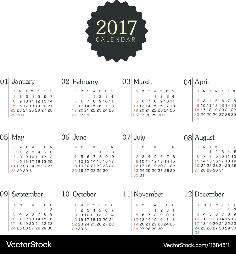 Calendar 2017 year week starts sunday Royalty Free Vector