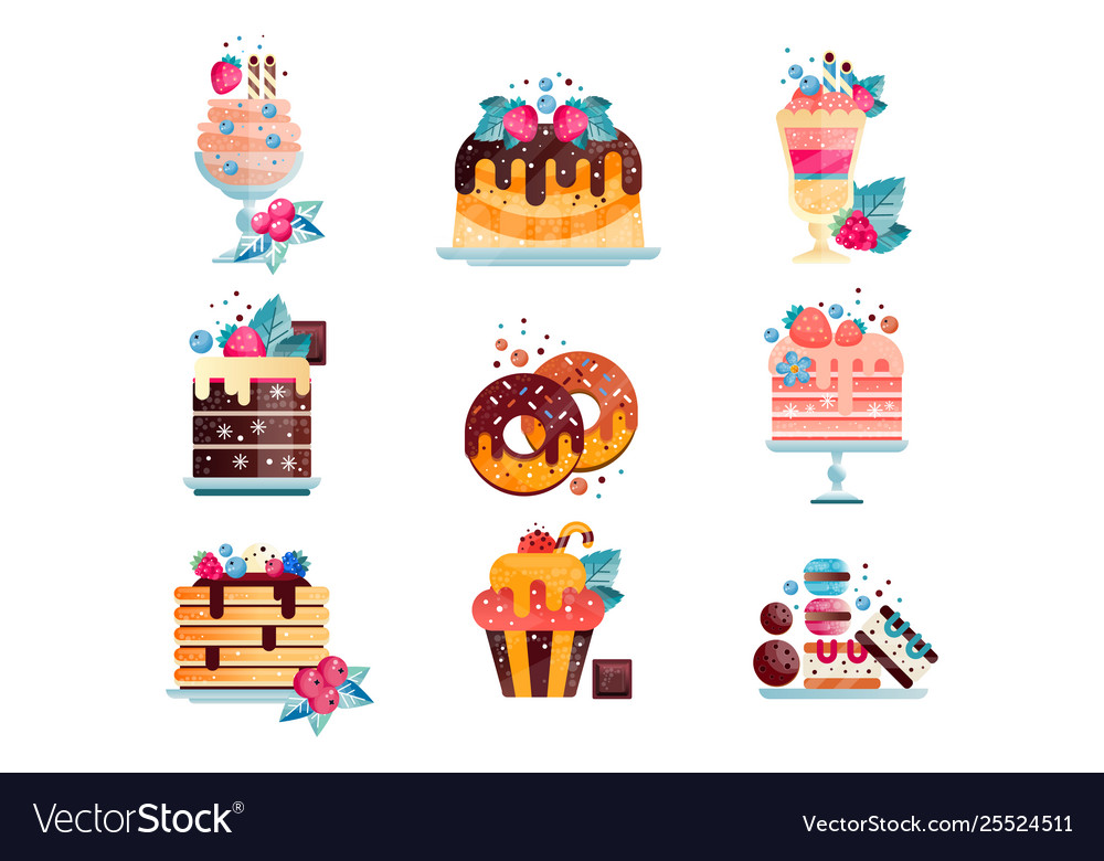 Flat set various tasty desserts Royalty Free Vector Image