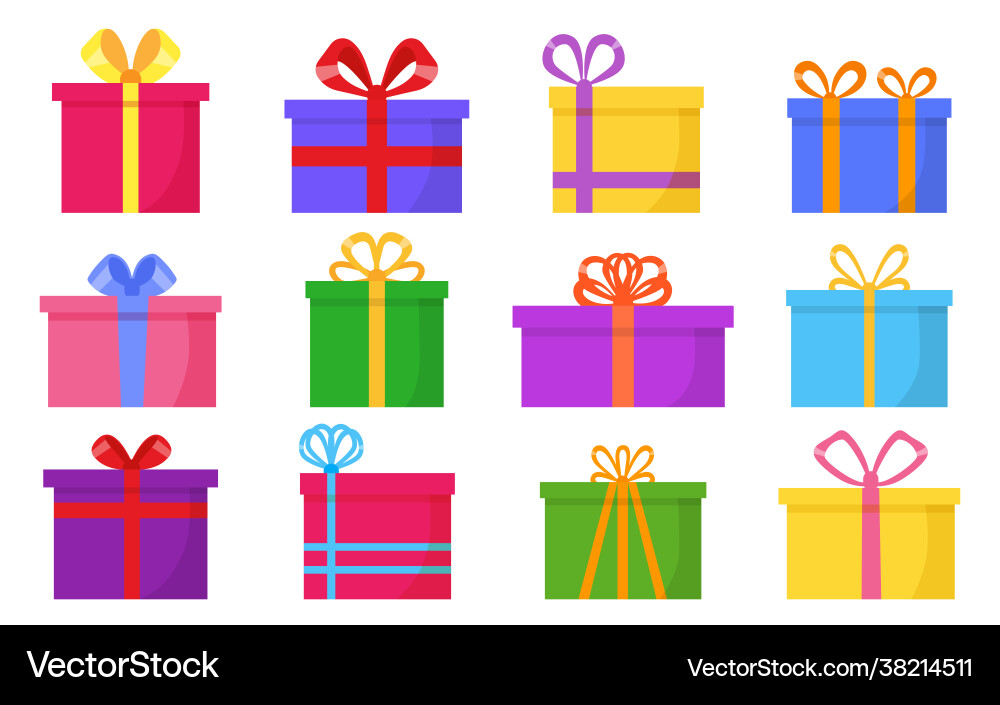 Gift bright prize boxes with colorful ribbons flat