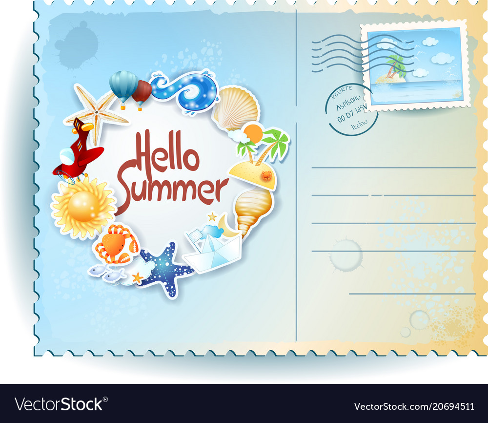 Summer postcard with colorful icons and message Vector Image