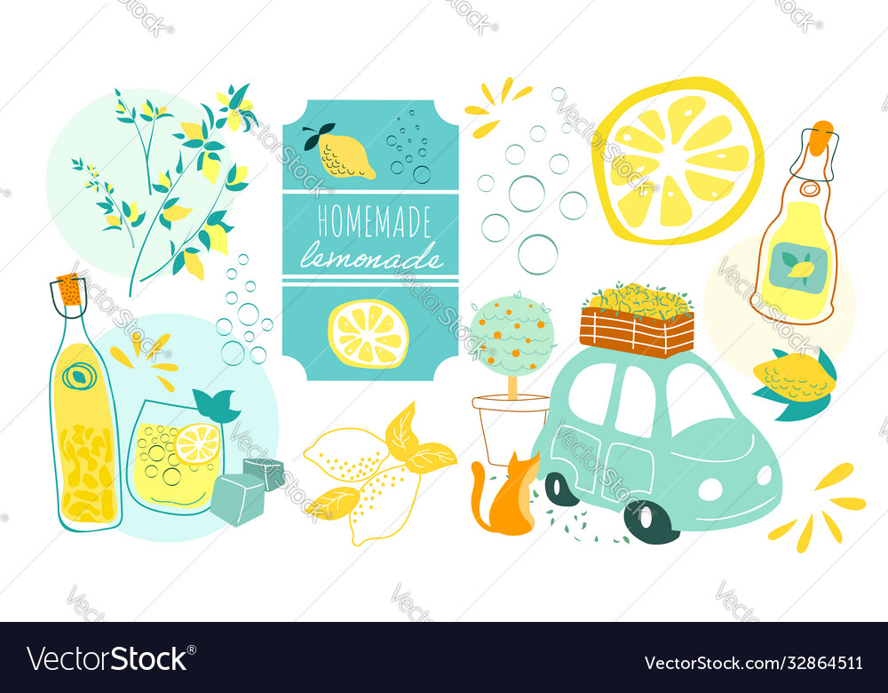 Summer set with lemons and lemonade Royalty Free Vector