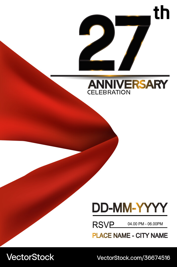 27 anniversary design with big red ribbon Vector Image
