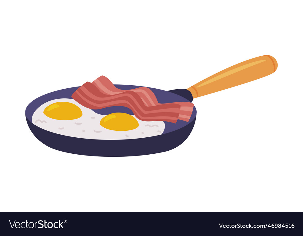 Scrambled eggs and bacon on frying pan as tasty Vector Image