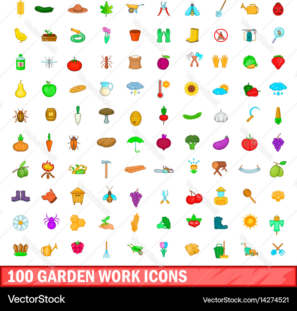 100 garden work icons set cartoon style Royalty Free Vector