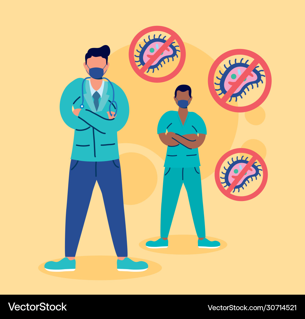 Doctors with face masks and stop covid19 signals Vector Image