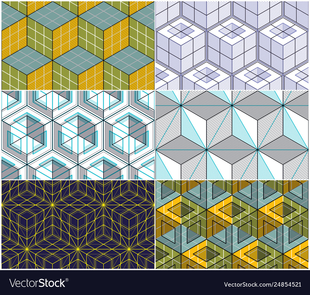 Geometric cubes abstract seamless patterns set 3d Vector Image