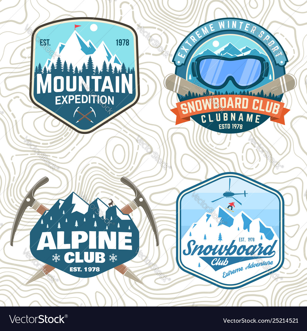 Set mountain expedition and snowboard club Vector Image