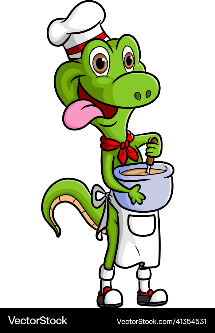 Chef lizard is mixing the soup with the spoon Vector Image