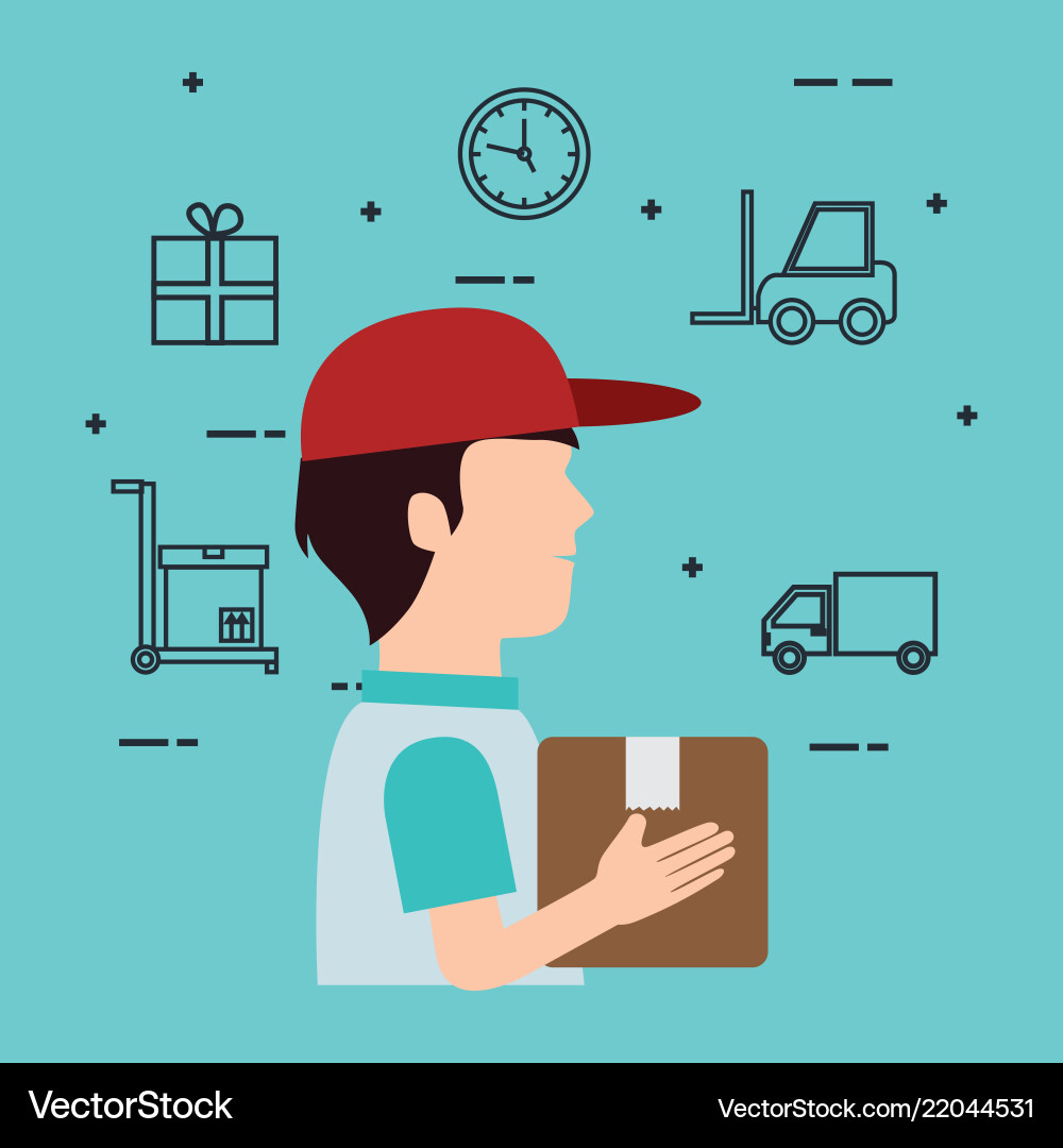 Delivery service worker character with set icons Vector Image