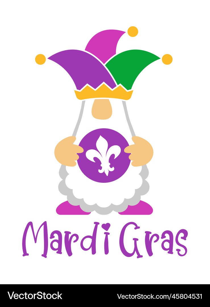 Mardi gras gnome in a jester hat holds doubloon Vector Image