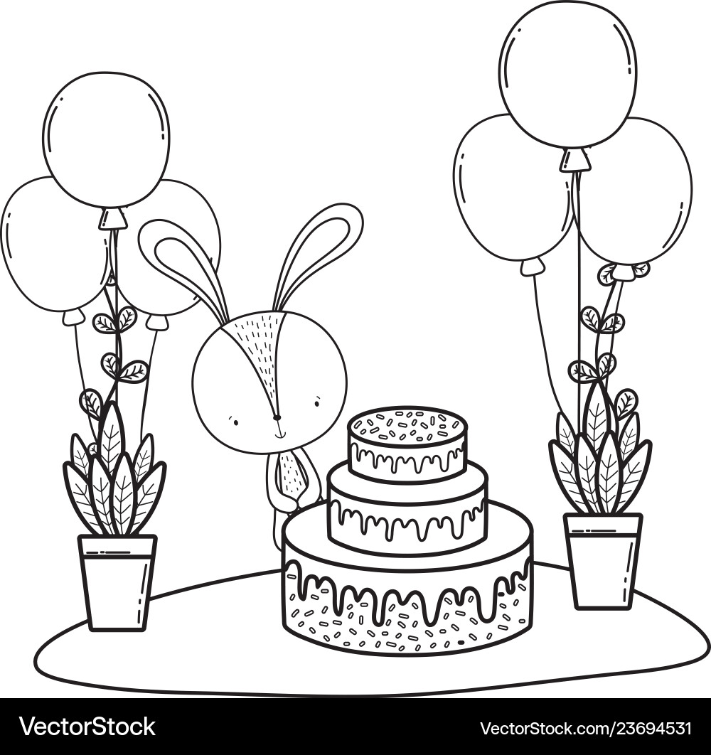 Rabbit with sweet cake and balloons Royalty Free Vector
