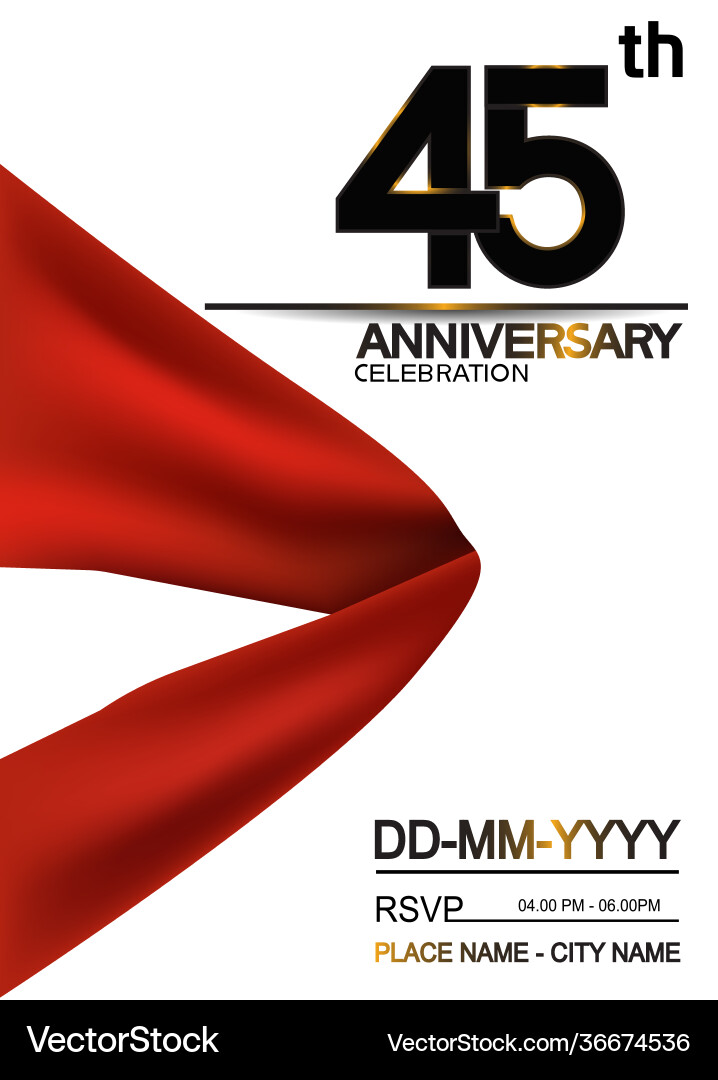 45 anniversary design with big red ribbon Vector Image