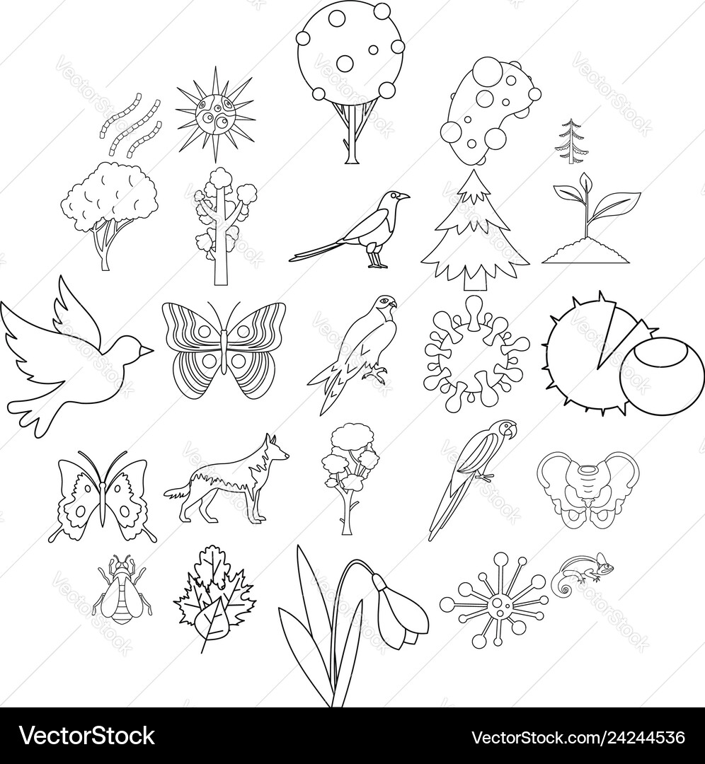 Nature icons set outline style Royalty Free Vector Image
