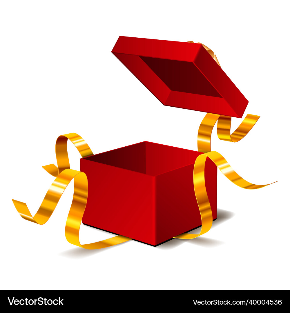 Open gift box with golden ribbon isolated on white