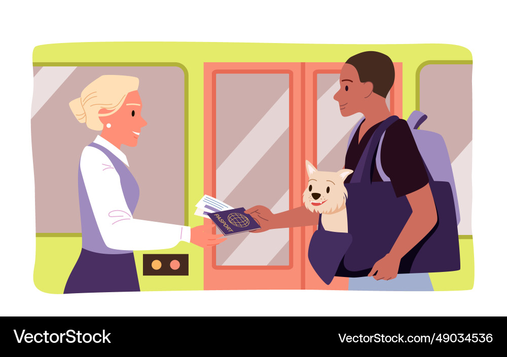 Traveling with dog by train bus man Royalty Free Vector