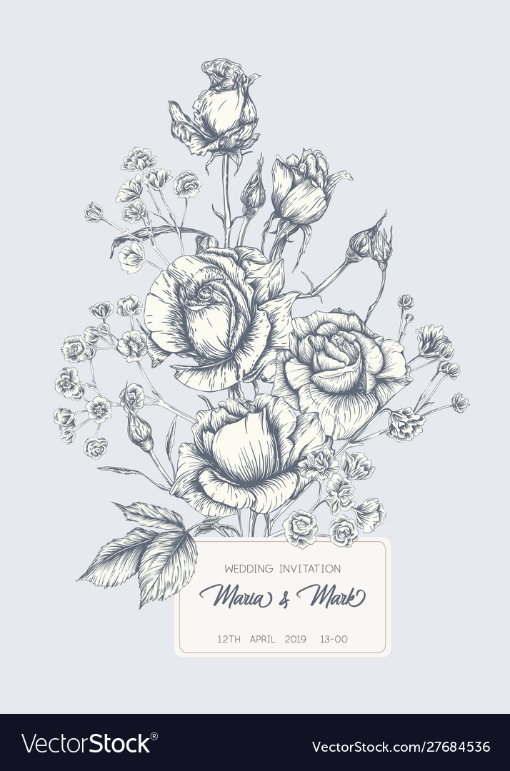 Wedding invitation with roses and spring flowers Vector Image