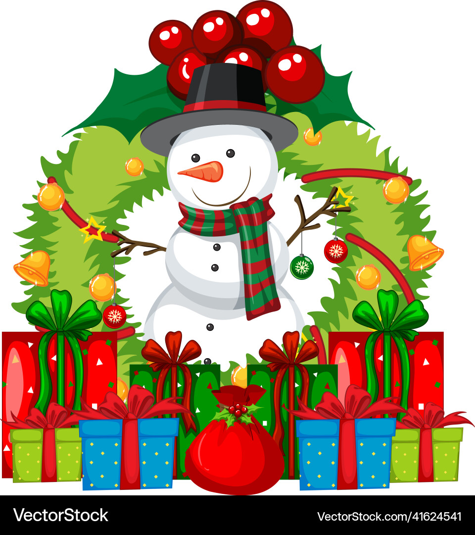 A snowman on christmas wreath with many gift boxes