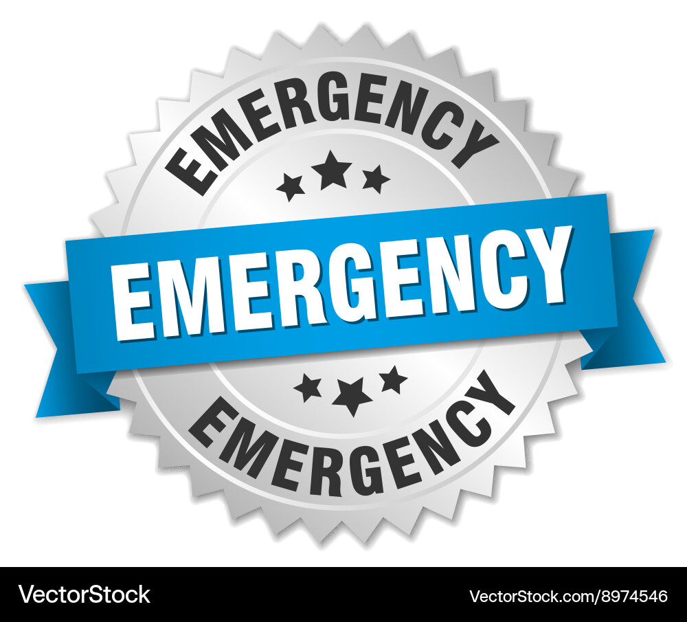 Emergency 3d silver badge with blue ribbon Vector Image