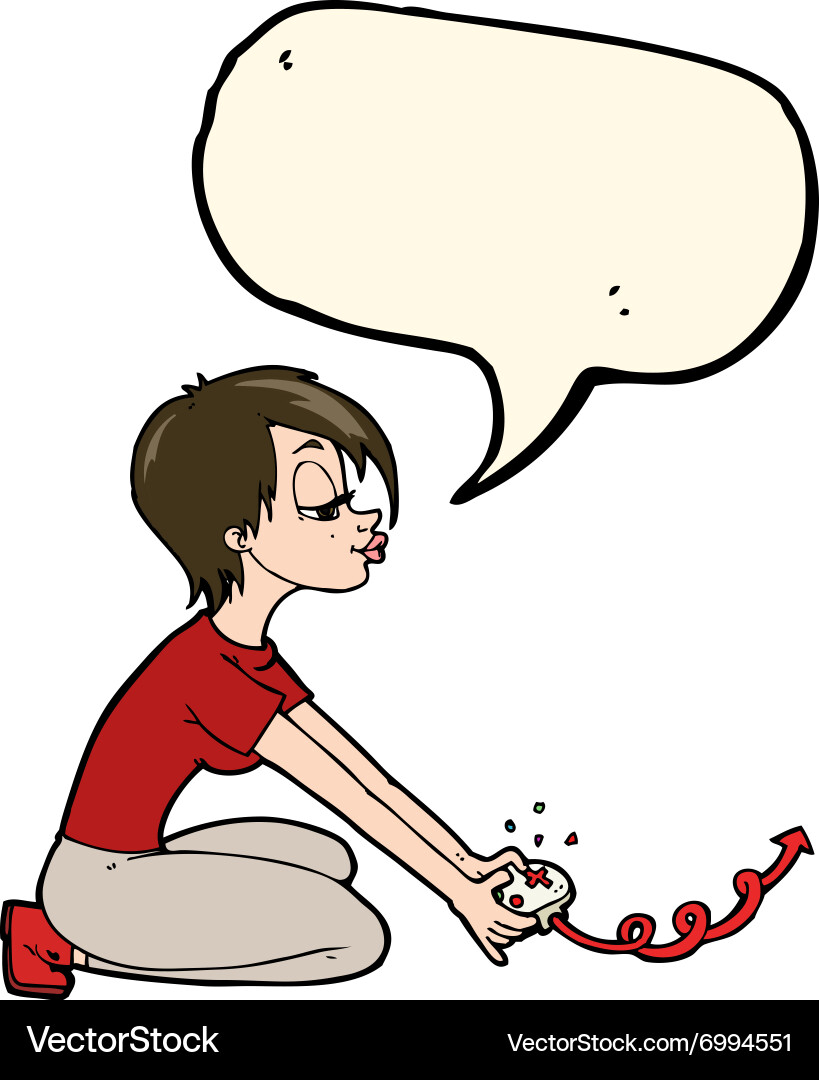 Cartoon girl playing computer games with speech Vector Image