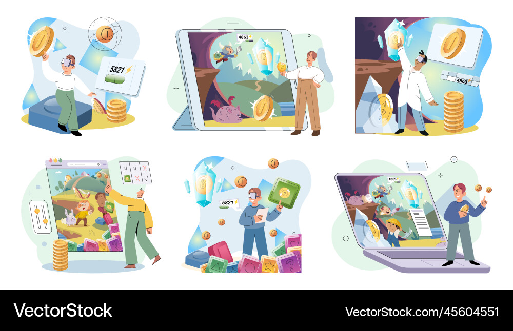 Happy man power from gaming with cryptocurrency Vector Image