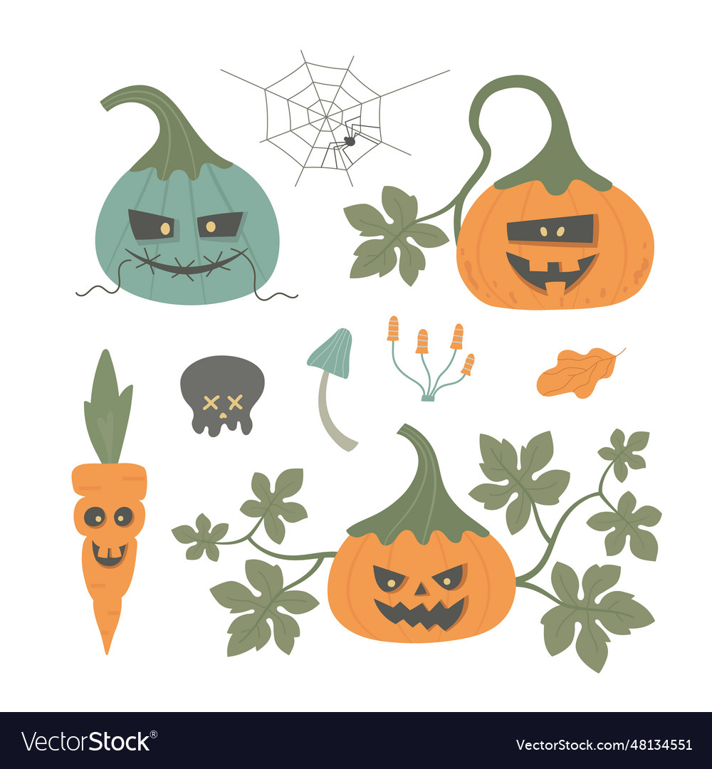 Set of cute halloween monster pumpkins cartoon Vector Image