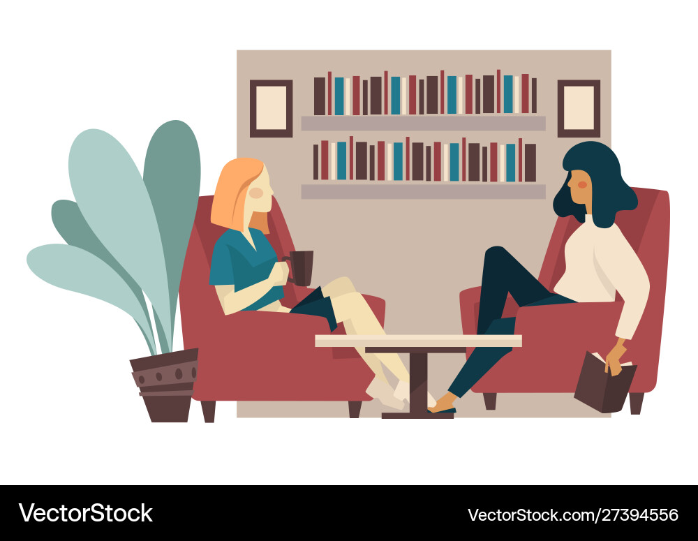 Girlfriends drink tea and talking in home library Vector Image