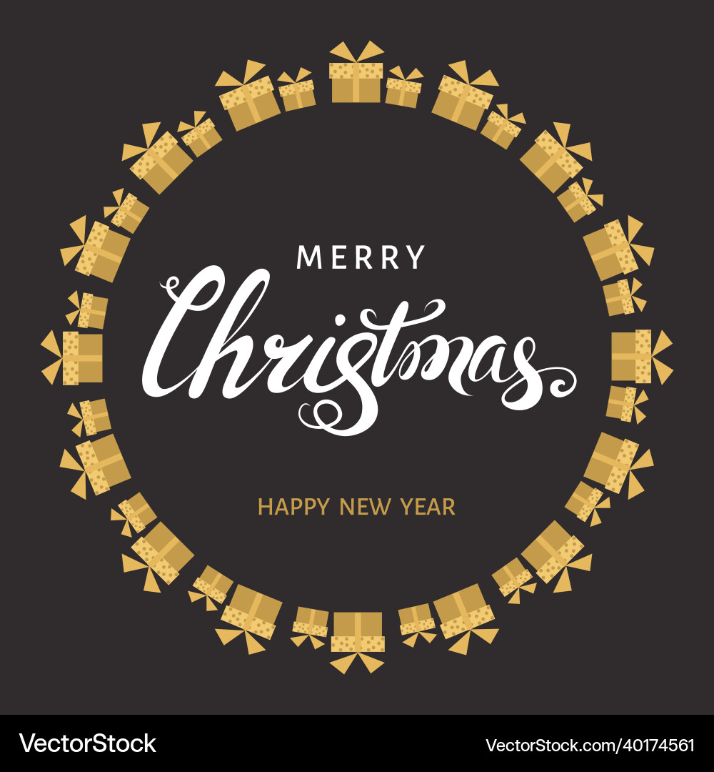 Christmas hand lettering with gold gift boxes Vector Image