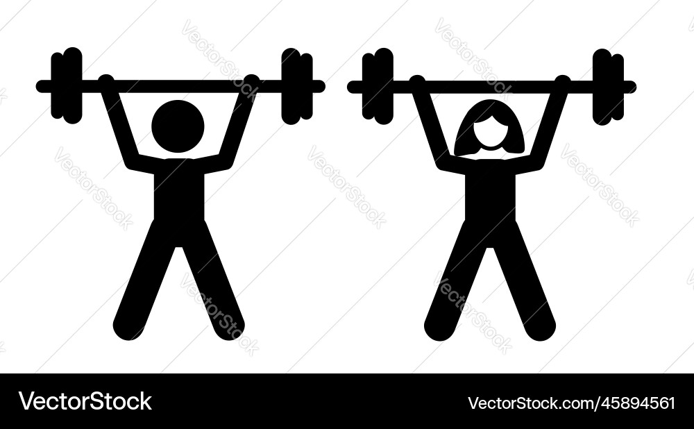 Simple set 2 stickman man woman barbell exercise Vector Image